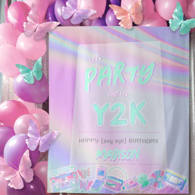 Y2K birthday party iridescent rainbow backdrop | Zazzle