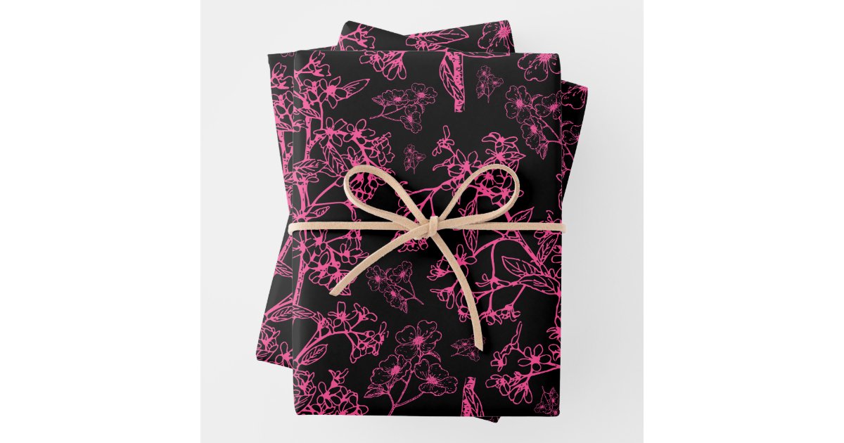 Y2K Hot Pink and Black Vintage Modern Botanical Wrapping Paper Sheets ...
