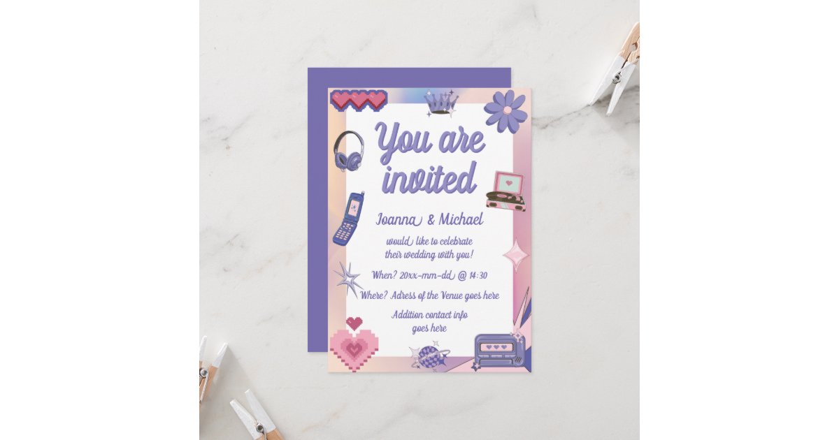 Y2K Pink Purple 2000s Retro Tech Geek Love Wedding Invitation | Zazzle