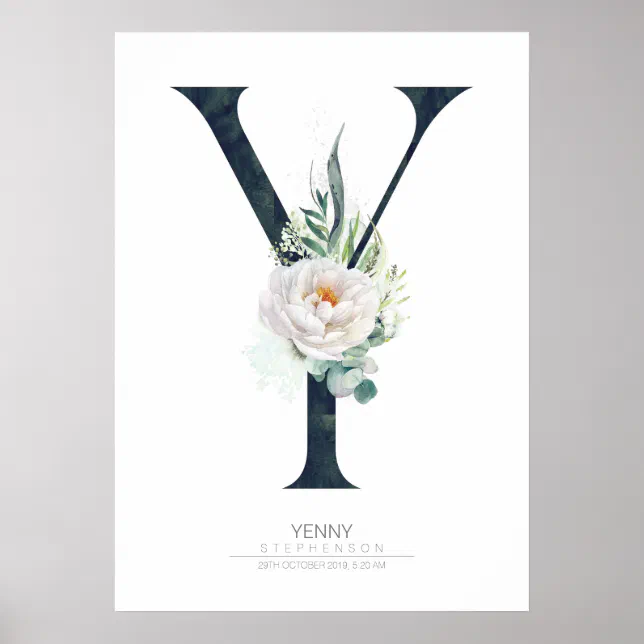 Y Letter Monogram White Flowers and Greenery Poster | Zazzle