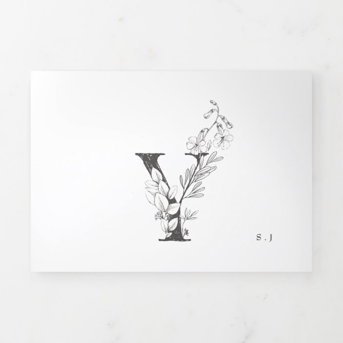 'Y' Monogram Beautiful Sketched Floral Wedding Tri-Fold Invitation ...