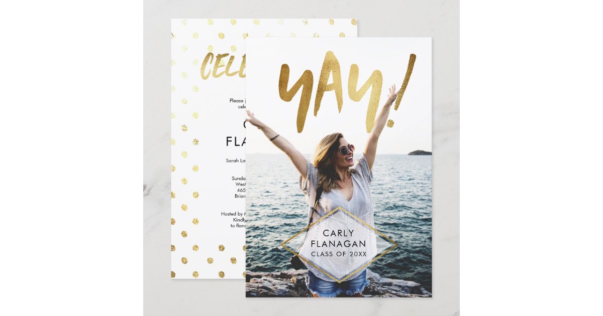 Yay! Gold Script Graduation Celebration Party Invitation | Zazzle