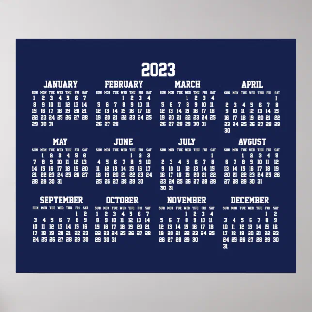 Yearly Blue Calendar 2023 Poster | Zazzle