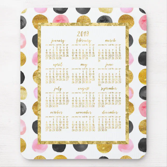 Yearly Calendar 2019 Mousepads Pink And Gold Dots | Zazzle