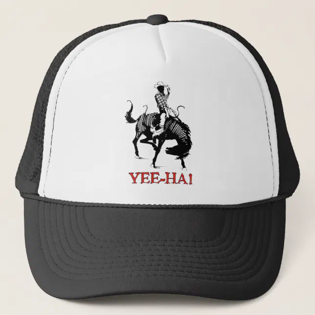 Yee-Ha! Rodeo cowboy on bucking horse stallion Trucker Hat | Zazzle