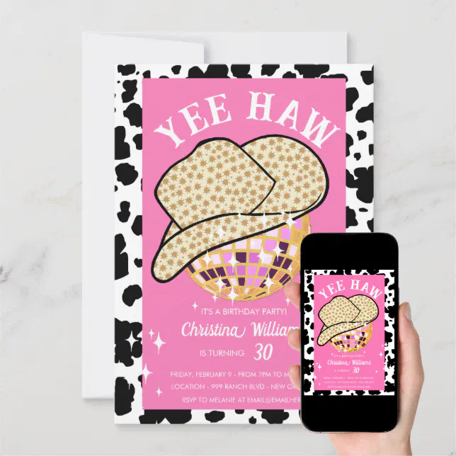Yee Haw Pink Cowgirl Disco Rodeo 30th Birthday Invitation | Zazzle