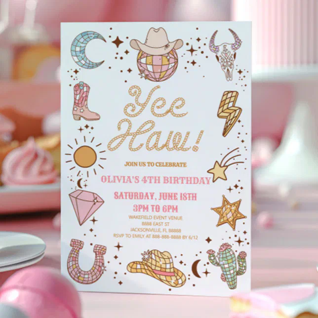 Yee Haw! Retro Disco Cowgirl Rodeo Birthday Party Invitation | Zazzle