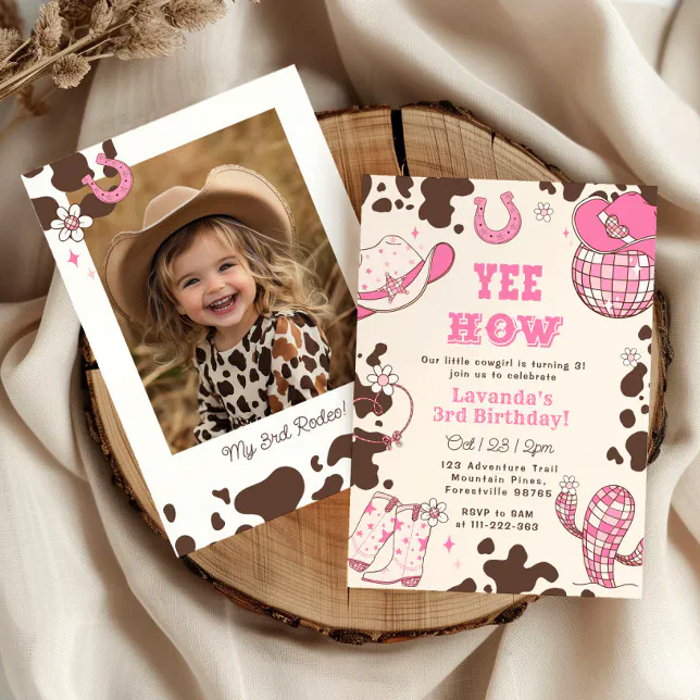 Yee Haw Rodeo Cowgirl 3rd birthday photo Invitation | Zazzle