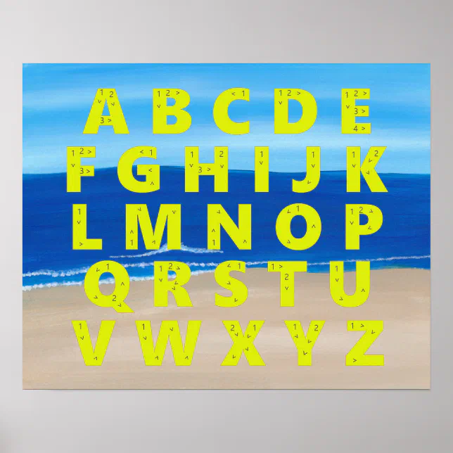 Yellow Alphabet Chart Sand Beach Ocean Sky Posters | Zazzle