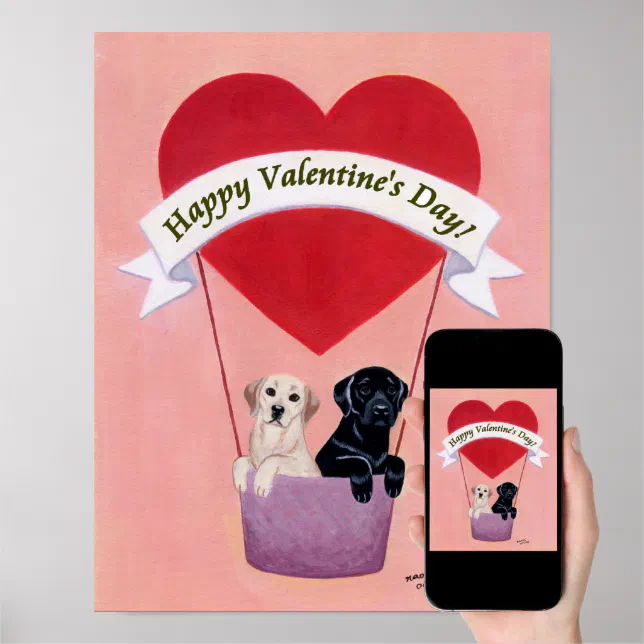 Yellow and Black Labrador Valentine Artwork Poster | Zazzle