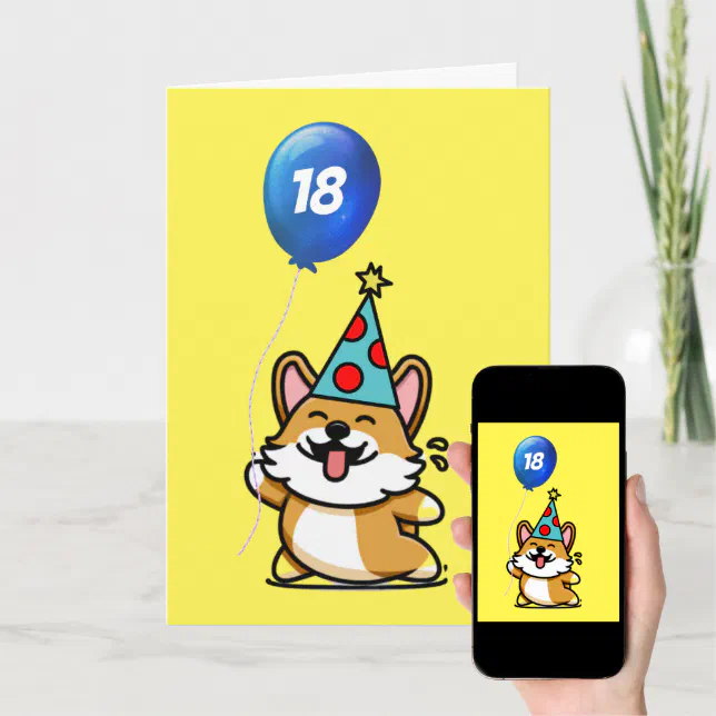 Yellow and Blue Balloon Corgi Birthday Card | Zazzle