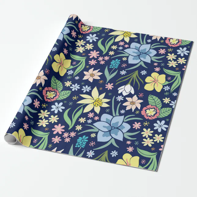 Yellow and blue flowers pattern wrapping paper | Zazzle