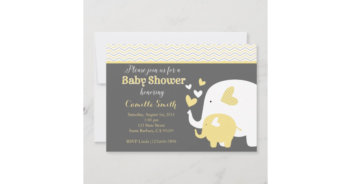 Yellow and Gray Elephant Baby Shower Invitation | Zazzle