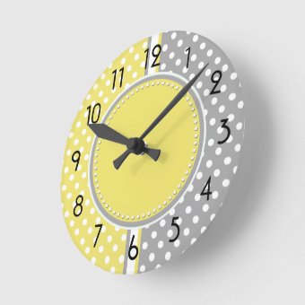 Yellow and Gray Polka Dots Clock | Zazzle
