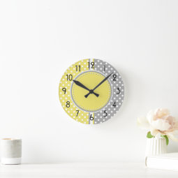 Yellow and Gray Polka Dots Clock | Zazzle