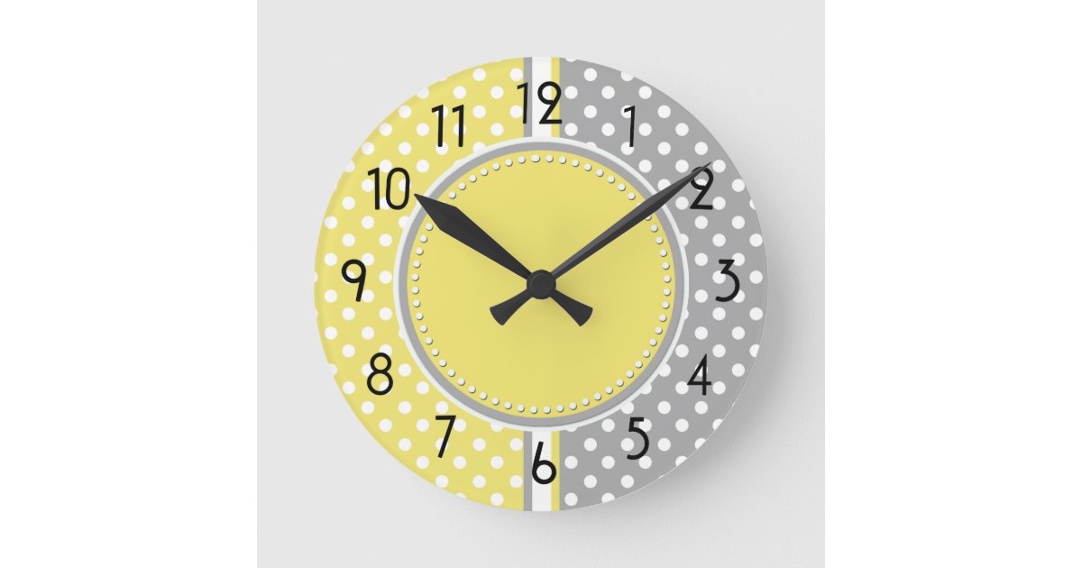 Yellow and Gray Polka Dots Clock | Zazzle