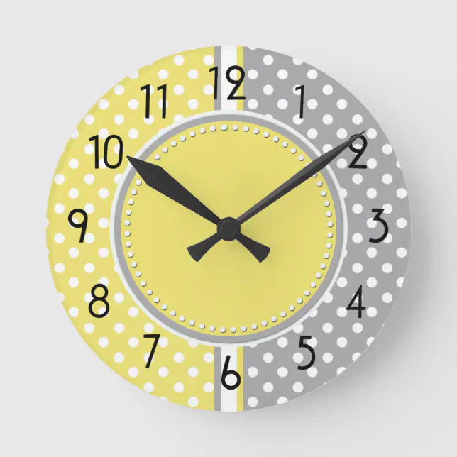 Yellow and Gray Polka Dots Clock | Zazzle