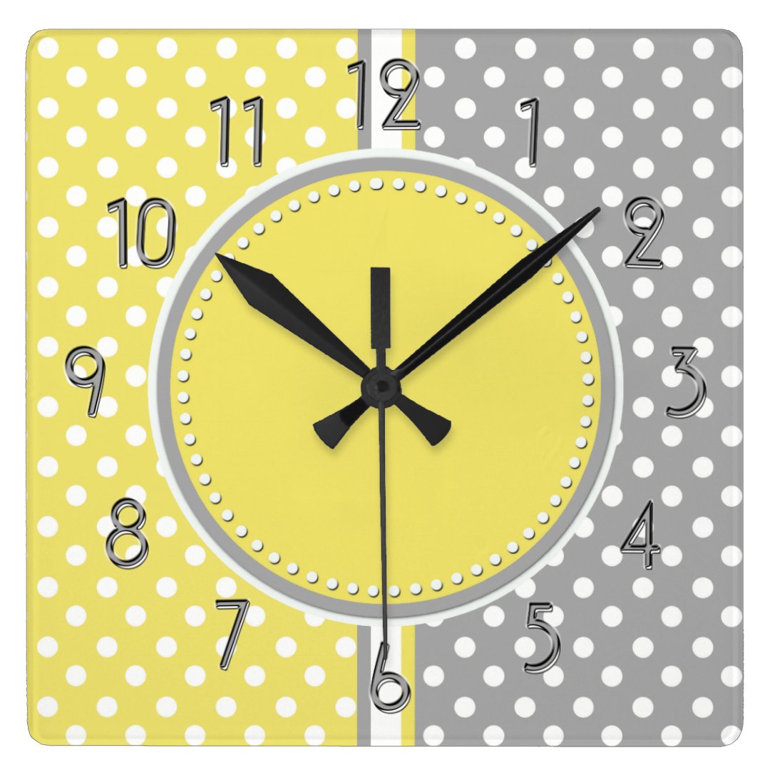 Yellow and Gray Polka Dots Square Clock | Zazzle
