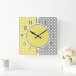 Yellow and Gray Polka Dots Square Clock | Zazzle