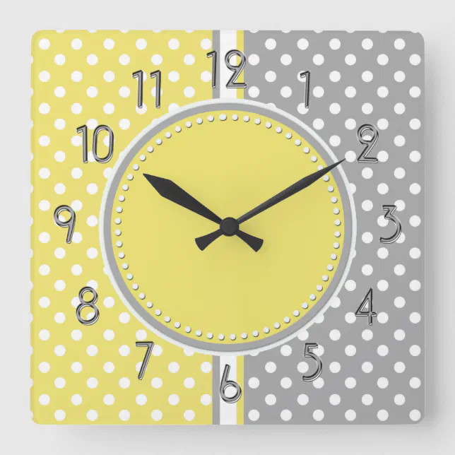 Yellow and Gray Polka Dots Square Clock | Zazzle