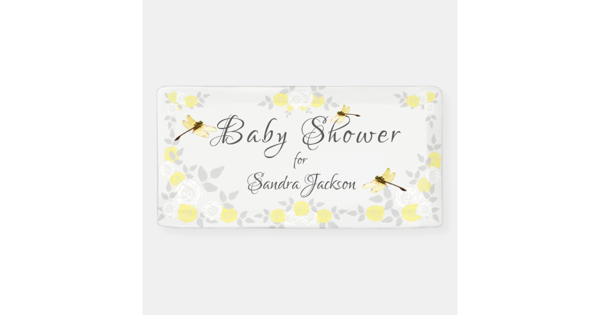 Yellow and Gray Roses Dragonfly Baby Shower Bann Banner | Zazzle