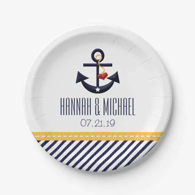 Yellow and Navy Blue Nautical Anchor Wedding Paper Plates | Zazzle
