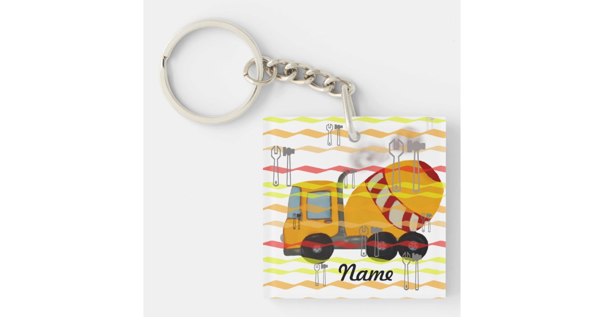 Yellow and red concrete mixer keychain | Zazzle