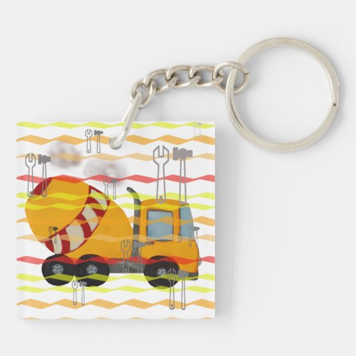 Yellow and red concrete mixer keychain | Zazzle