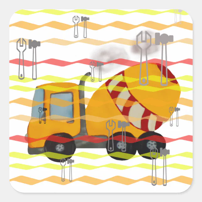 Yellow and red concrete mixer square sticker | Zazzle