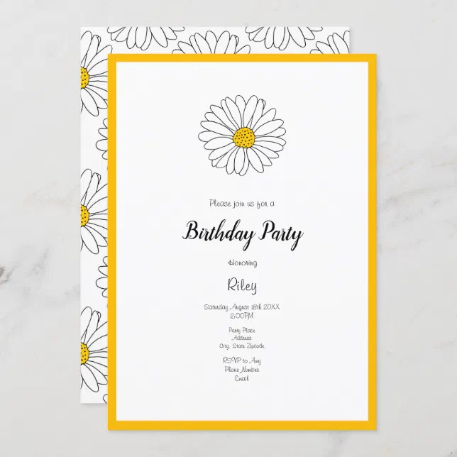Yellow and White Daisy and Pattern Invitation | Zazzle