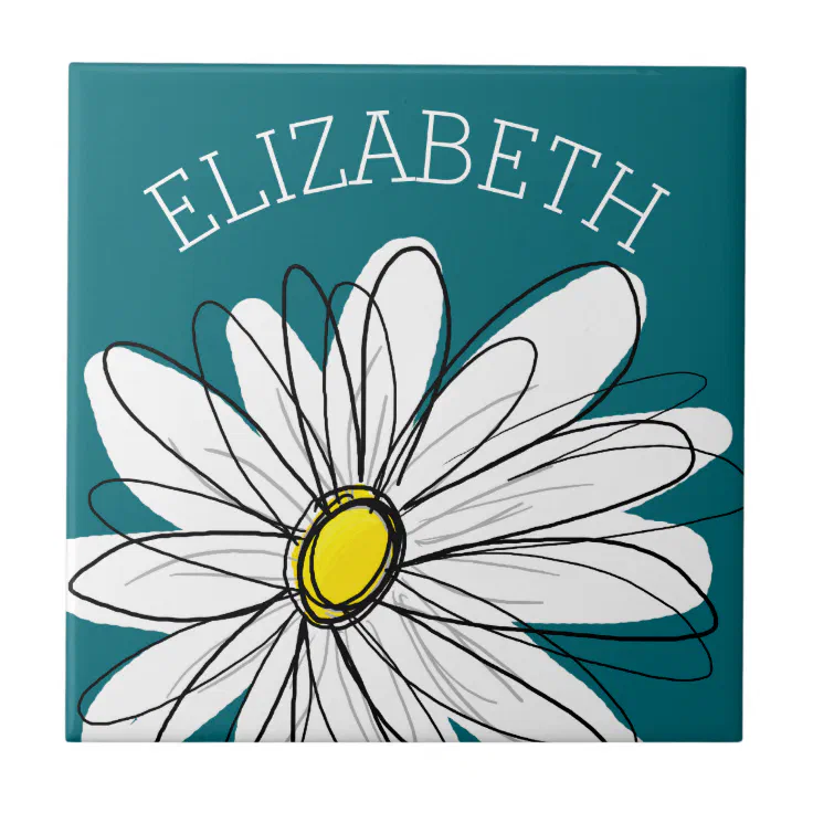 Yellow and White Whimsical Daisy with Custom Text Tile | Zazzle