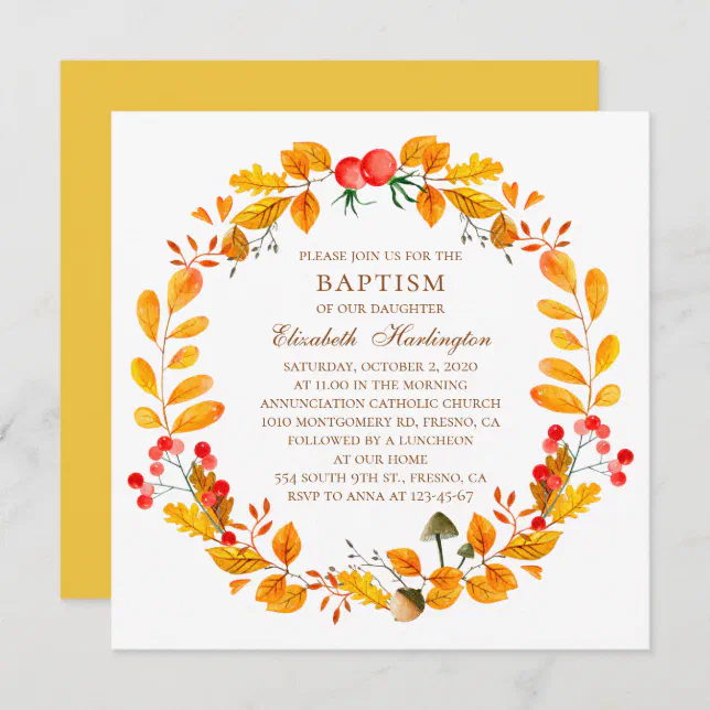 Yellow autumn wreath. Baby girl fall baptism Invitation | Zazzle