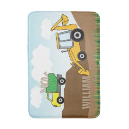 Yellow Backhoe and Dump Truck Personalized Bath Mat | Zazzle