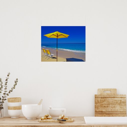Yellow beach umbrella and chairs on pristine poster | Zazzle