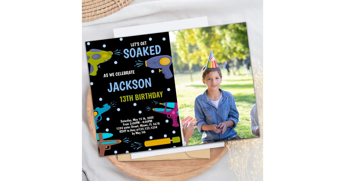 Yellow Black Blue Photo Water Gun Invitations | Zazzle