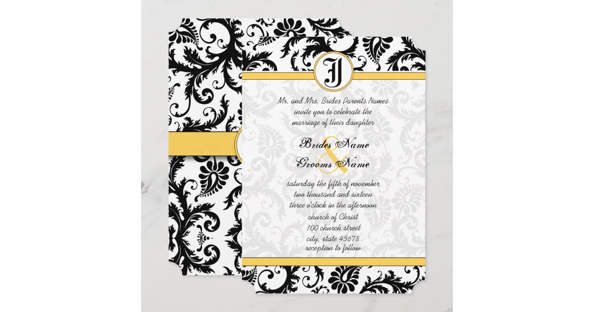Yellow & Black Damask Swirls Wedding Invitations | Zazzle