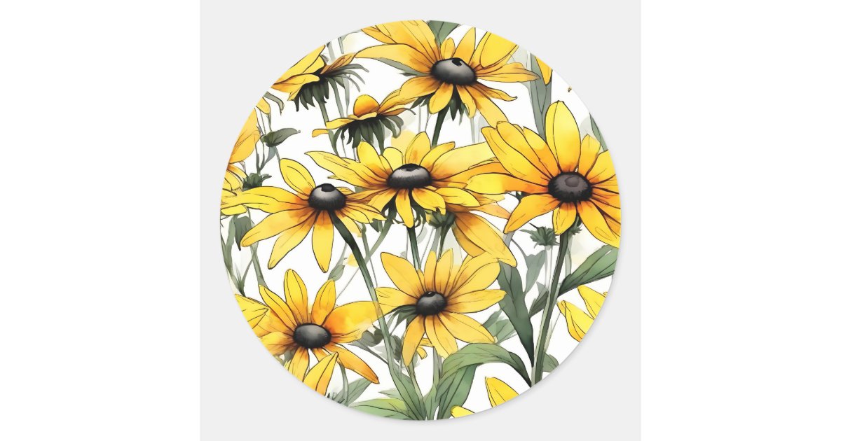 Yellow Black-Eyed Susan Floral Pattern Classic Round Sticker | Zazzle