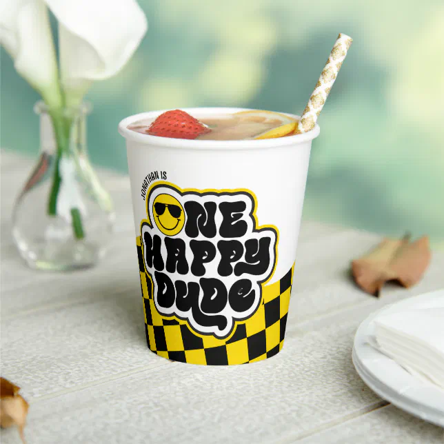 Yellow Black Retro One Happy Dude 1st Birthday Paper Cups | Zazzle