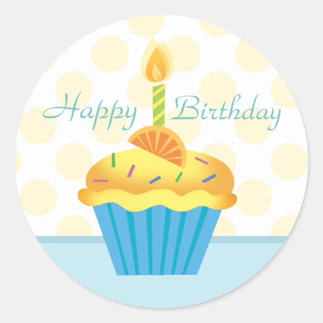 Yellow & Blue Birthday Cupcake Sticker | Zazzle