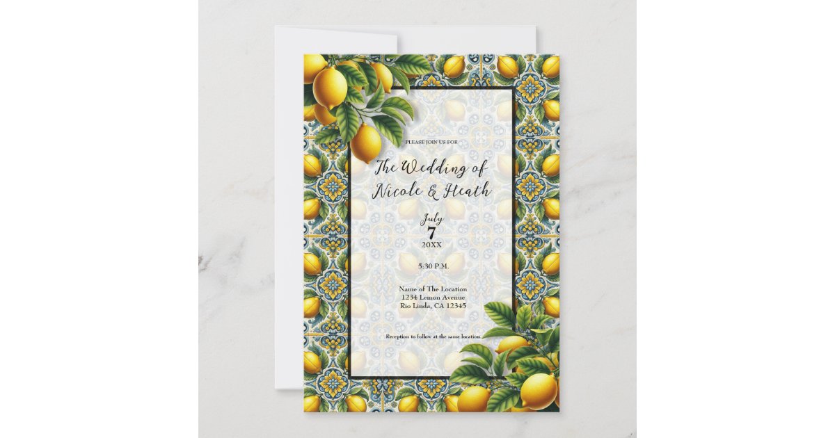 Yellow Blue Capri Lemon Mediterranean Tile Wedding Invitation | Zazzle