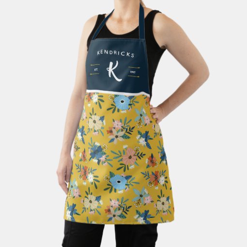 Yellow & Blue Floral Pattern Family Monogram Apron | Zazzle