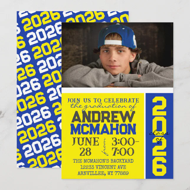 Yellow & Blue Graduation Photo Invitation | Zazzle