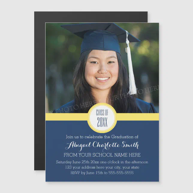 Yellow Blue Modern Graduation Party Magnetic Card | Zazzle