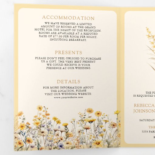 Yellow Boho Wildflower Photo QR Code Wedding Tri-Fold Invitation | Zazzle