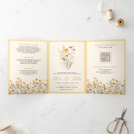 Yellow Boho Wildflower Photo QR Code Wedding Tri-Fold Invitation | Zazzle