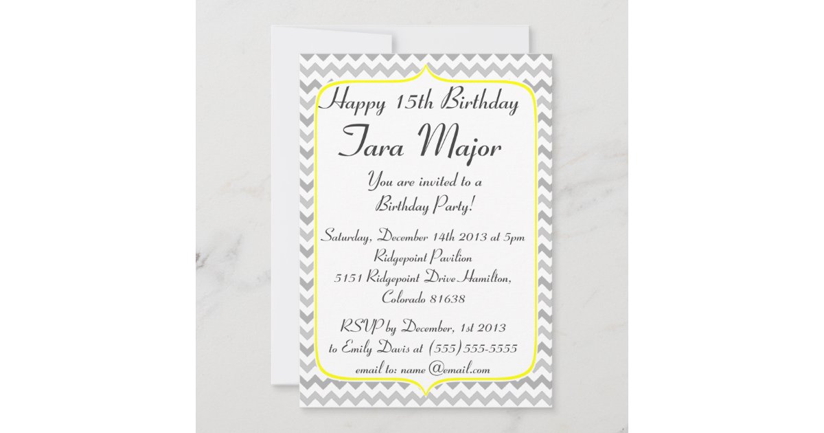 Yellow Border and Grey Chevron Birthday Invitation | Zazzle