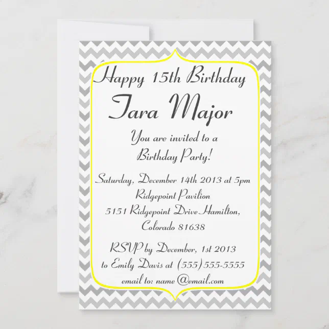 Yellow Border and Grey Chevron Birthday Invitation | Zazzle