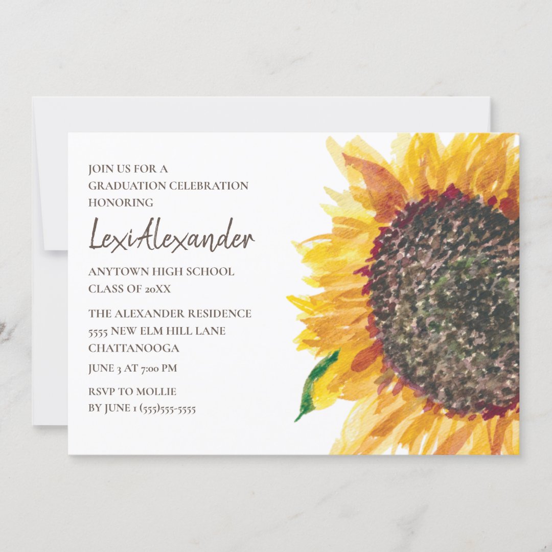 Yellow Brown Watercolor Sunflower Graduation Party Invitation | Zazzle