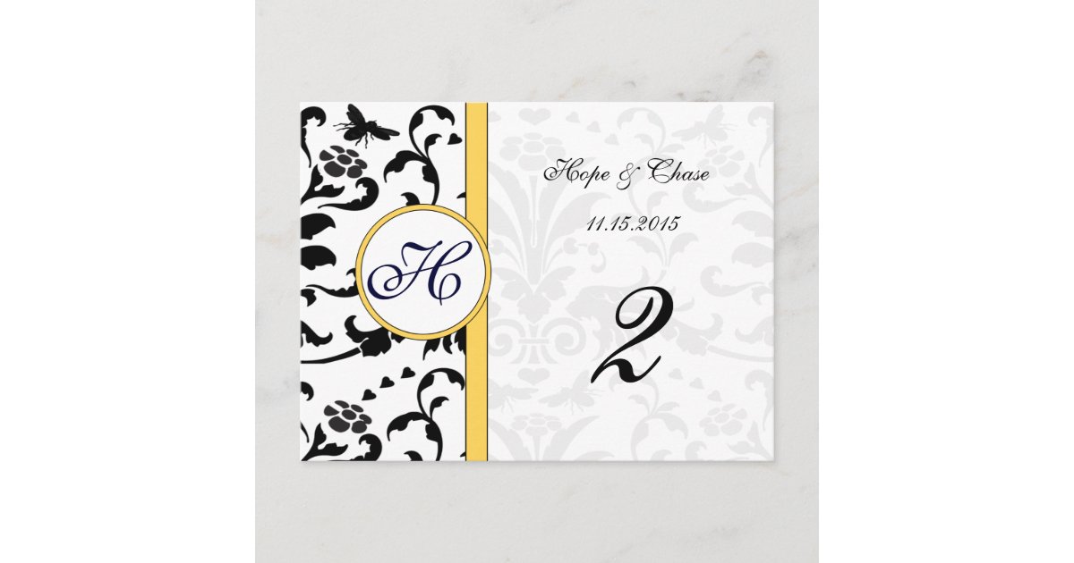 Yellow Bumble Bee Damask Swirls Table Number Cards | Zazzle