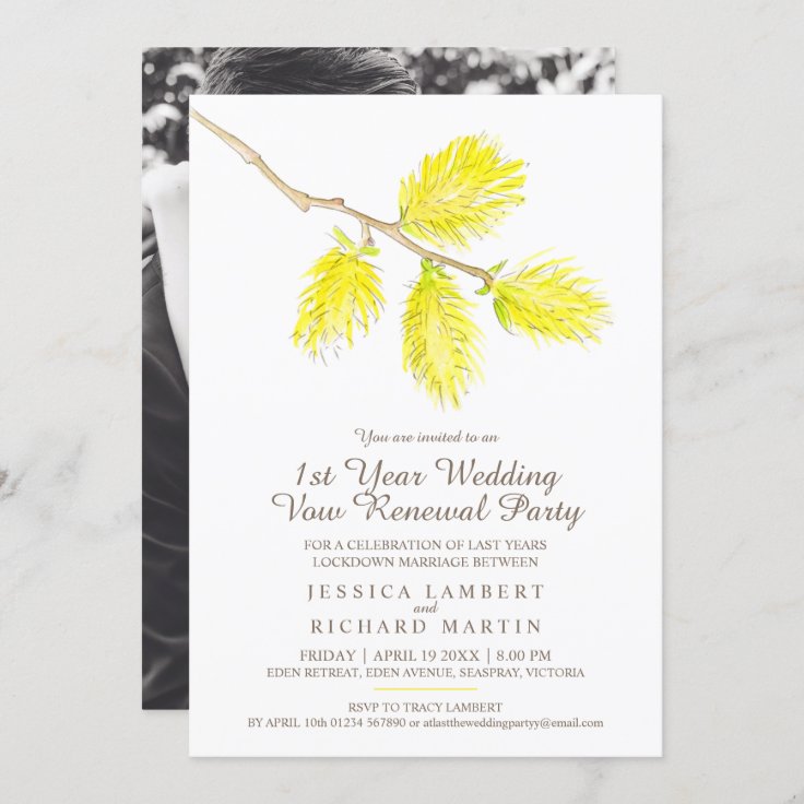 Yellow catkin spring 1st wedding vow renewal party invitation | Zazzle